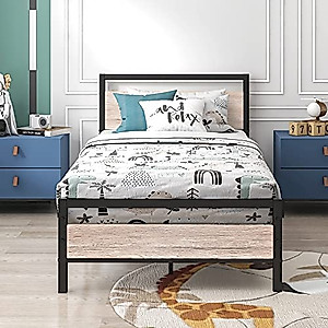 HOJINLINERO Twin Bed Frames with Wood Headboard,Metal Twin Platform Bed Frame No Box Spring Needed,Heavy Duty Steel Slats,No Noise,Natural Oak