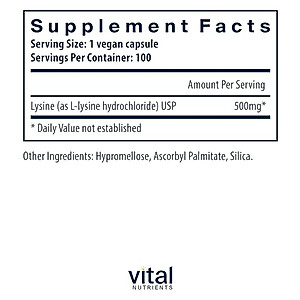 Vital Nutrients - Lysine - Supports Immune Function and Normal Arginine Levels - Supports Calcium Absorption - 100 Vegetarian Capsules per Bottle - 500 mg