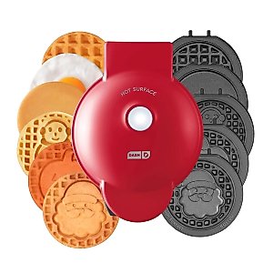DASH Multimaker with 7 Removable Plates: Waffle Iron & Griddle + 3 Themed Plates - Santa Pumpkin Snowman - Mini Waffle for Halloween and Christmas Holidays - for Kids and Families (Red)