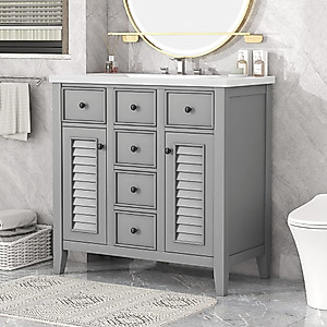 Entcook 36" Bathroom Vanity with Top and Sink, Single Vanity with 2 Cabinets and Five Drawers, Solid Wood Frame, Solid Wood Bathroom Cabinet with Ceramic Sink