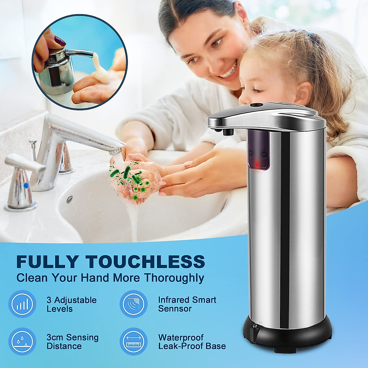 Automatic Soap Dispenser, Touchless 3-Level Adjustable Hand Sanitizer Dispenser, Equipped Upgraded Waterproof Base Infrared Sensor, Stainless Steel Liquid Soap Dispenser for Kitchen Bathroom (280ml)
