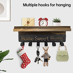 Iswabard Mail Holder with Key Hooks Key Holder for Wall Key Holder with Wooden Shelf, 6 Hooks, Key and Mail Holder Wall Mount Keys Holder on Wall Key Hanger Wall Mount (Brown)