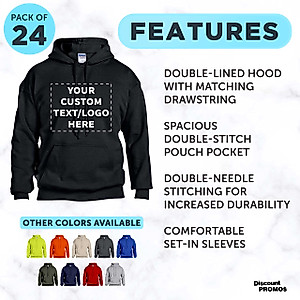 Custom Gildan Adult Hoodies for Men and Women, 24 Pack of Personalized Promotional Shirts with Customized Text or Logo, Comfortable Cotton Unisex Sweatshirt with Hood for Fall, Winter Weather - Black