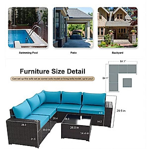 Grezone 6 Pieces Patio Outdoor Furniture Sets All Weather Wicker Sectional Sofa Couch Lawn Sectional Furniture with Washable Couch Cushions and Black-Glass Table (Blue)