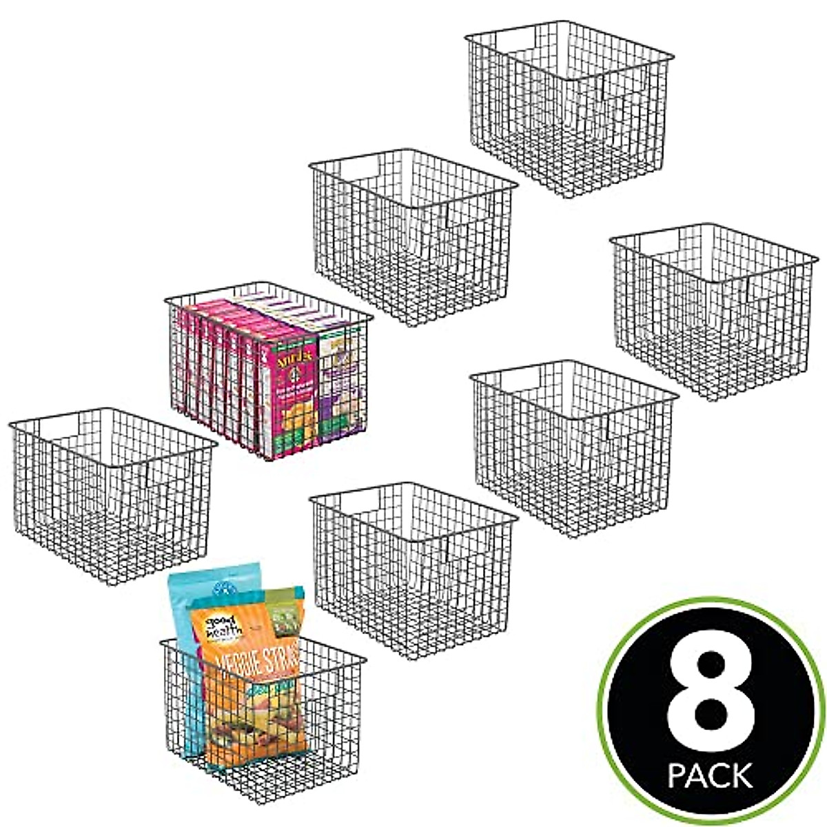 mDesign Metal Wire Food Storage Basket Organizer with Handles for Organizing Kitchen Cabinets, Pantry Shelf, Bathroom, Laundry Room, Closets, Garage - Concerto Collection - 8 Pack - Graphite Gray