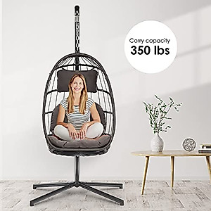 Egg Chair with Stand - Patio Rattan Wicker Hanging Swing Egg Chair Hammock Chair for Indoor Outdoor Bedroom Garden - Aluminum Steel Frame and UV Resistant Cushion 350LBS Capacity (Dark Grey)
