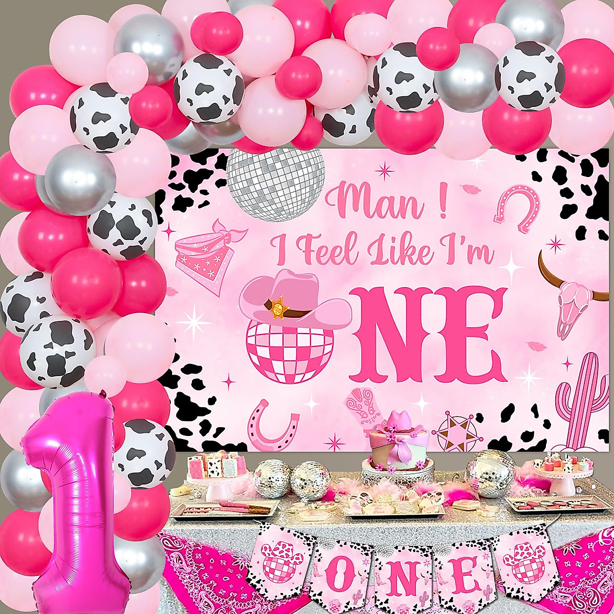 kreat4joy Disco Cowgirl 1st Birthday Decorations, Man I Feel Like I'M One Party Decorations Backdrop, Western Hot Pink Balloons Garland Arch Number 1 Foil Balloon One High Chair Banner for First Rodeo