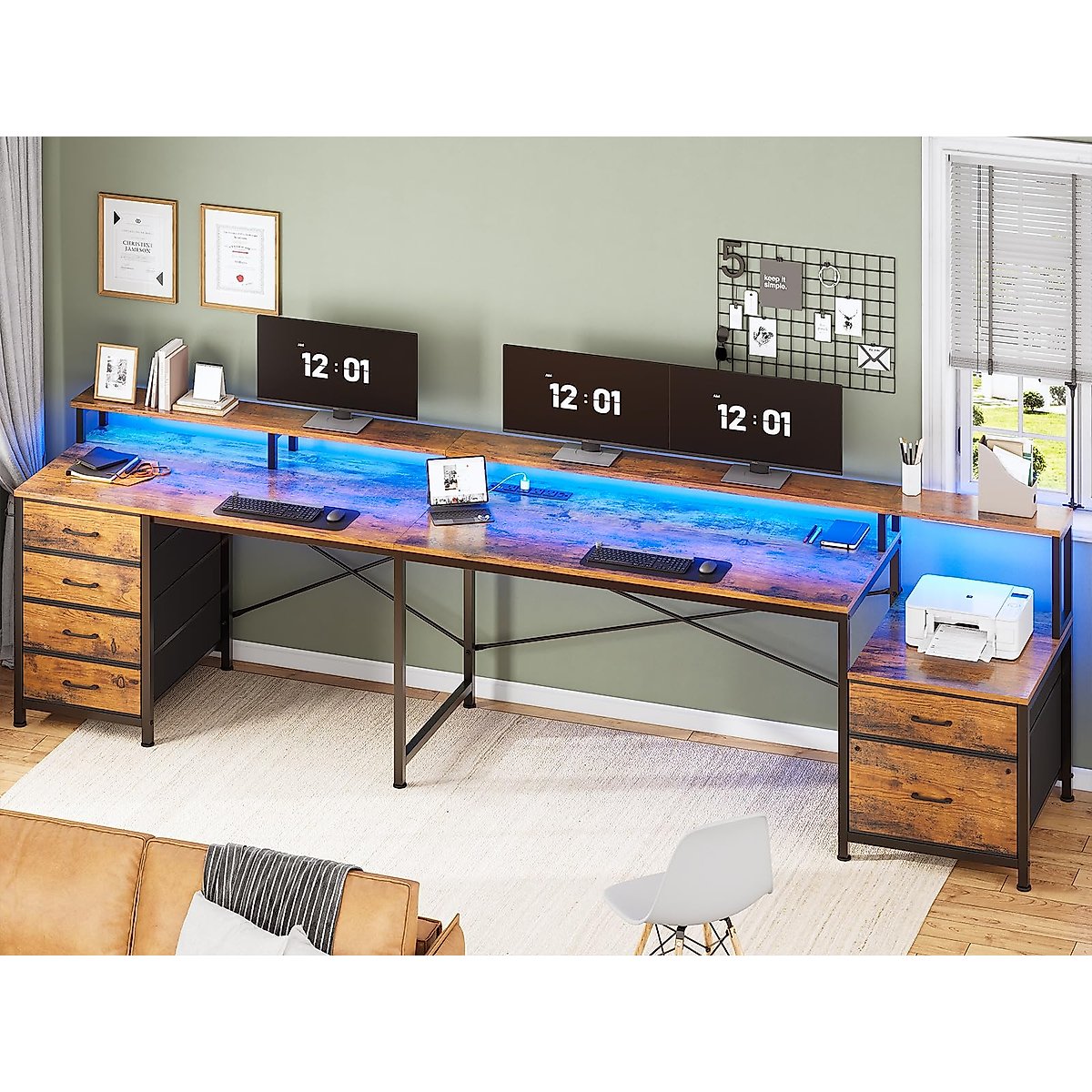 SEDETA L Shaped Desk with 6 Drawer, 108" Home Office Desk with File Drawer & Power Outlet, Corner Computer Desk with Monitor Shelf, Two Person Desk, Gaming Desk with Led Lights, Rustic Brown