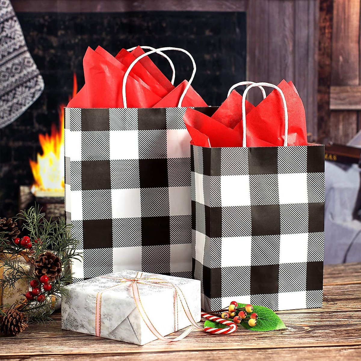 Whaline 24 Pack Christmas Buffalo Plaid Bags with 24 Sheets 20 x 20 Red Tissue Paper, White and Black Kraft Paper Bags Gift Wrapping Set for Holiday Party, Wedding and Gift Giving