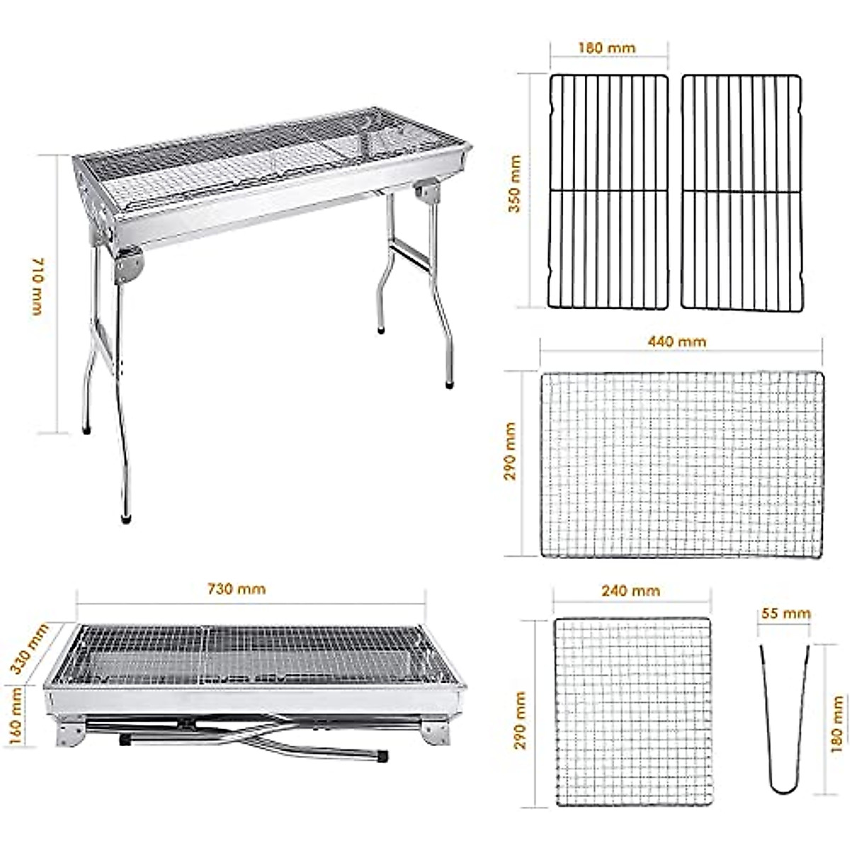Charcoal Grill, Stainless Steel Camping Grill, Portable BBQ Grill Large Folding Barbecue Grill, Hibachi Grill for Outdoor Picnic, Patio, Garden Backyard & Camping, Suitable for 6 to 13 people