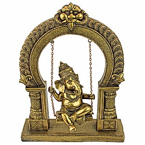 Design Toscano Ganesha on Jhoola Swing Hindu Elephant Man Statue Hanging Figurine, 10 inches Tall, Cast Stone Resin, Antique Gold Finish