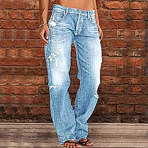 iLUGU Straight Leg Jeans for Women Ripped Hem Low Waisted Jeans for Women Button Down Jean Shirt Women Light Blue