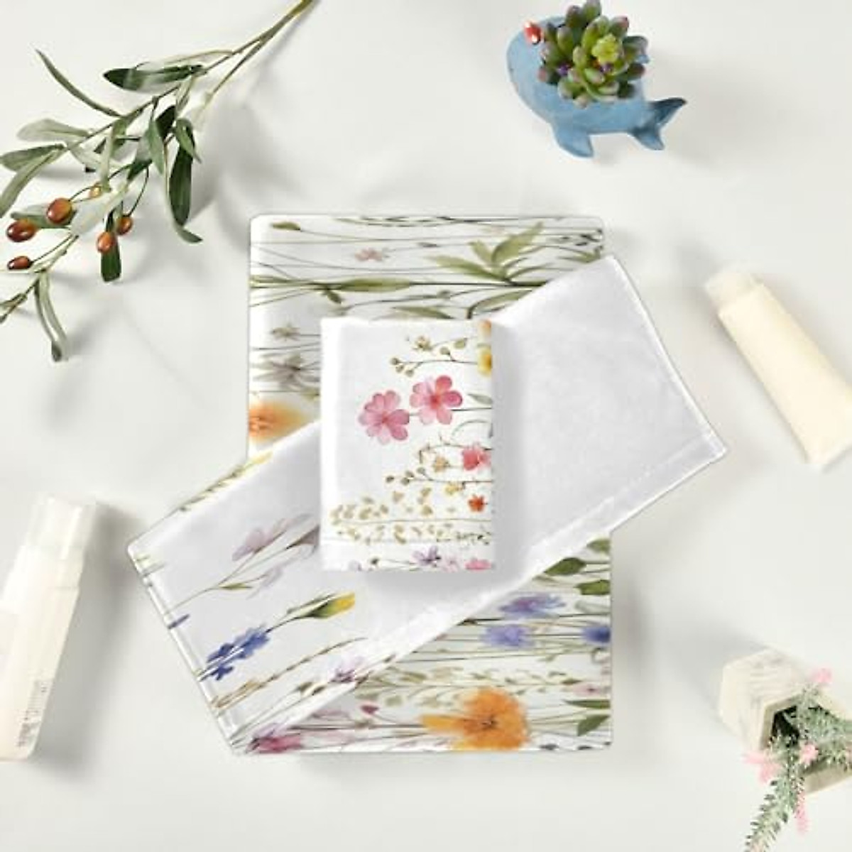 Flradish Watercolor Flowers Butterflies Towels 3 Pack Bath Towels for Bathroom Set Soft Cotton Highly Absorbent Lightweight & Quickdry Towel Set 1 Bath Towel,1 Hand Towel,1 Washclothe