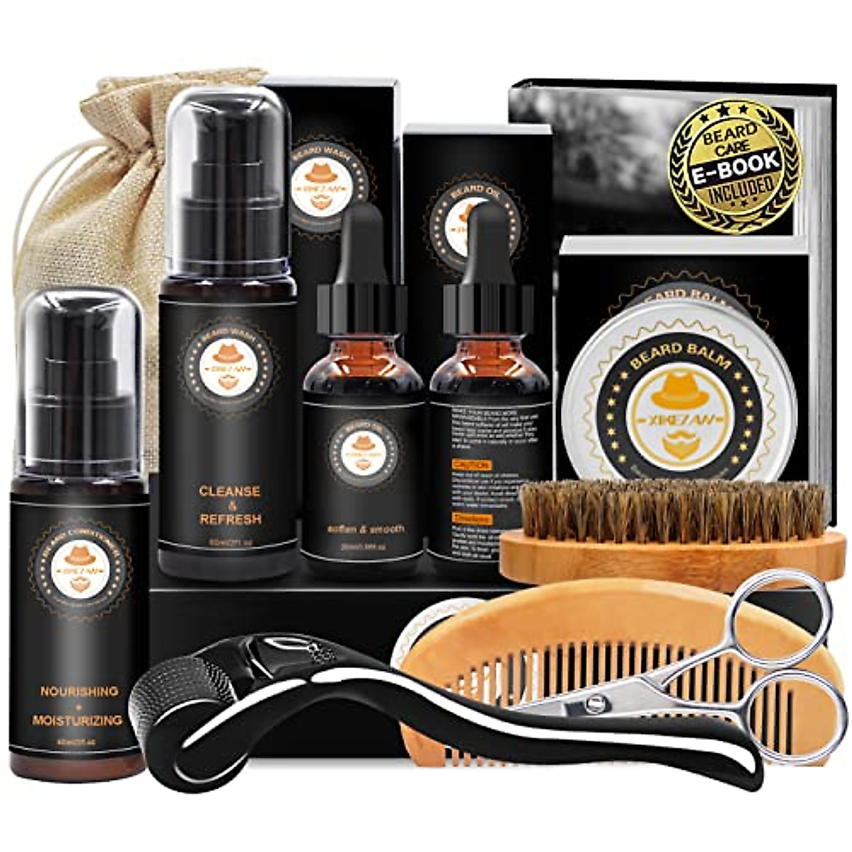 Upgraded Beard Grooming Kit w/Beard Conditioner,Beard Oil,Beard Balm,Beard Brush,Beard Shampoo/Wash,Beard Comb,Beard Scissors,Storage Bag,Beard E-Book,Beard Growth Care Gifts for Men