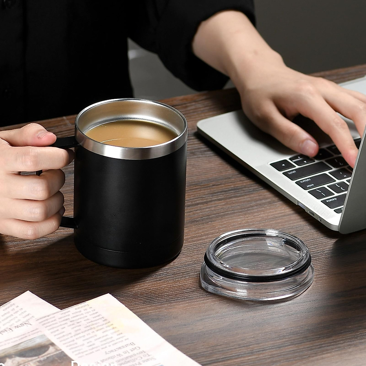 SILICANICE 14 oz Stainless Steel Vacuum Insulated Tumbler with handle & MacSlider Lid, Dishwasher Safe & Spill Proof Coffee Cup, Travel Mug for Hot/Cold Drinks, Durable Design - Black