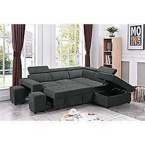 FANYE L-Shaped Oversized Convertible Tufted Sleeper Sectional Sofa with Pull Out Sleeper Couch Bed,Adjustable Headrests, Padded Armrests,Movable Stools and Storage Ottoman for Living Room