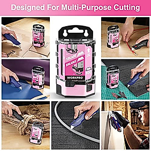 WORKPRO 100-Pack Utility Blades Replacement with Dispenser and Pink Folding Utility Knife with 10 Extra Blades