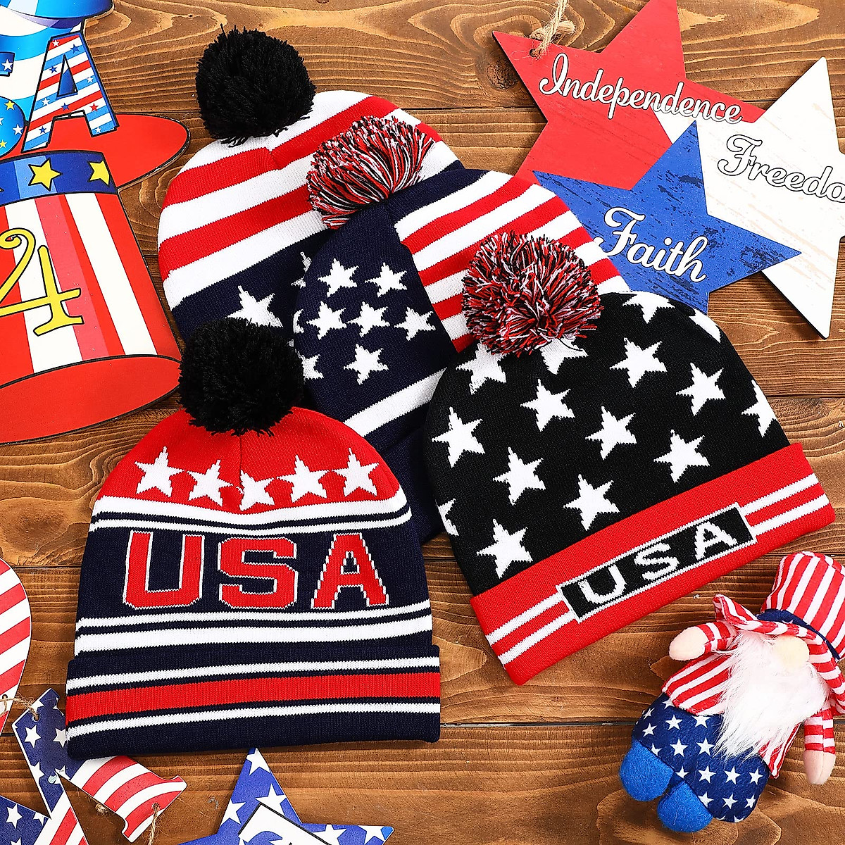 Tarpop 4 Pcs Winter Hat American Flag Pom Knit Beanie Fun USA Hat Warm Cuffed Beanie for Cold Days Men Women, Large(Delicate)