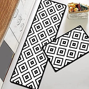 DISAKJ Kitchen Rugs and Mats Non Skid Washable Non-Slip, White and Black Area Kitchen Floor Mats Rug , Backing Mat for Doorway Mats Runner Rug Set, Geometric Design (20 x 63+20 x 31inch)