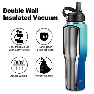 ABOTOCUP 32oz Water Bottle with Powder Coated, Fit in Any Car Cup Holder, Water Bottle with Straw Lids, Stainless Steel Insulated Water Flask Double Wall Leak-proof BPA Free to Keep Cold&Hot
