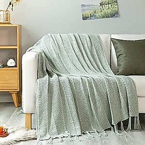 Sofila Sage Green Chenille Tassel Fringe Throw Blanket Textured Knitted Super Soft for Couch Bed Sofa Living Room Framhouse Warm Fluffy Cozy Plush Knit - 60 x 80 Inches