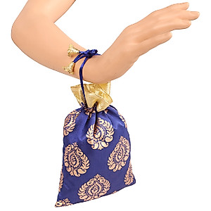 Touchstone Drawstring Bags Traditional Indian Handcrafted in Ficus Leaf Pattern Brocade fabric. Perfect for Gifts Jewelry Weddings Sweet Distribution Set of 9 Vibrant Multicolor Pouches Purses Potli.