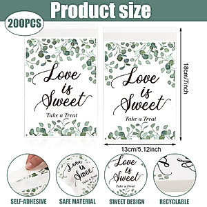 200 Pcs Wedding Favor Candy Buffet Bags White Treat Bags Self Adhesive Wedding Gift Bags Love Is Sweet Leaves Kraft Paper Wedding Party Favor Bags for Gifts, 5 x 7 Inch
