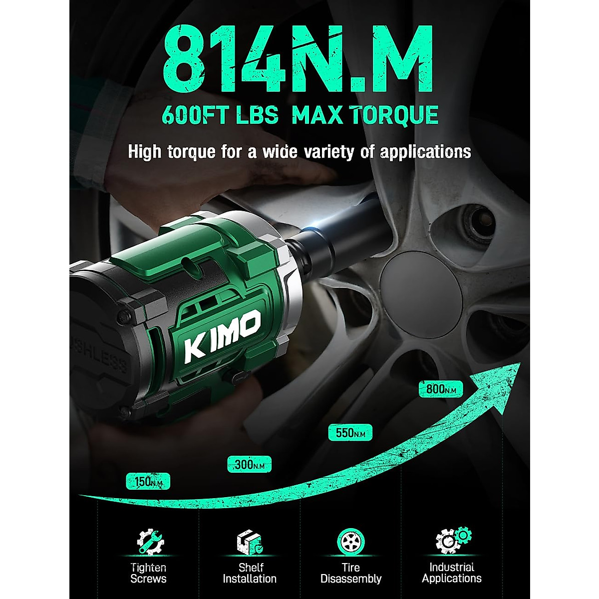 KIMO Impact Wrench 1/2 Inch with 814N.M/600ft-lbs Max Torque, 3 Mode Setting, 2 x 3000mAh Batteries, 3000 RPM, 1 Hour Fast Charger, 1/2 Impact Gun with Variable Speeds, 20V Impact Driver for Car Home