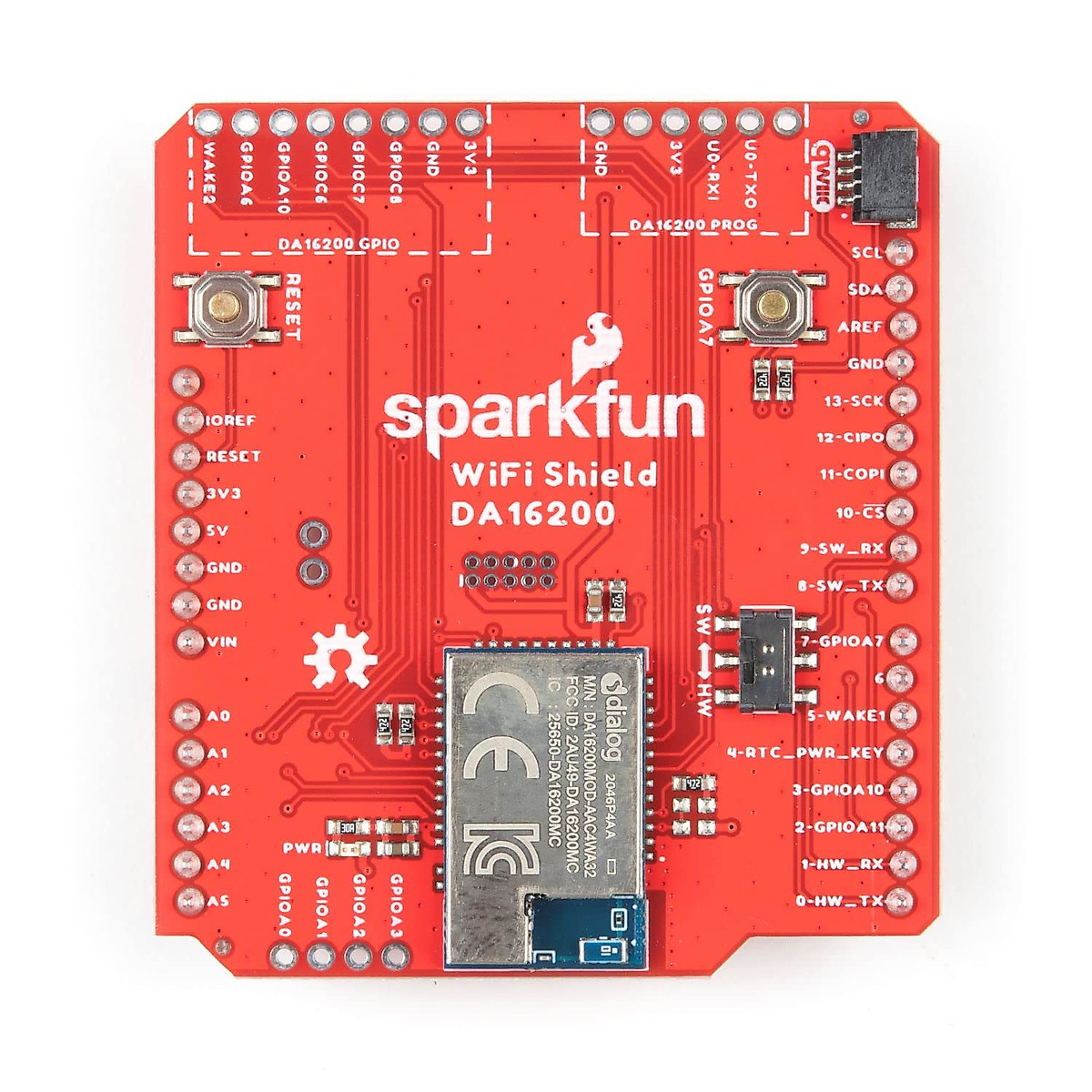 SparkFun Qwiic WiFi Shield - DA16200 -Ultra Low Power IOT WiFi Module -4MB Flash Memory -Qwiic Connector -Internet of Things -RTC Clock -On-Board chip Antenna -Three Ultra Low Power Sleep Modes