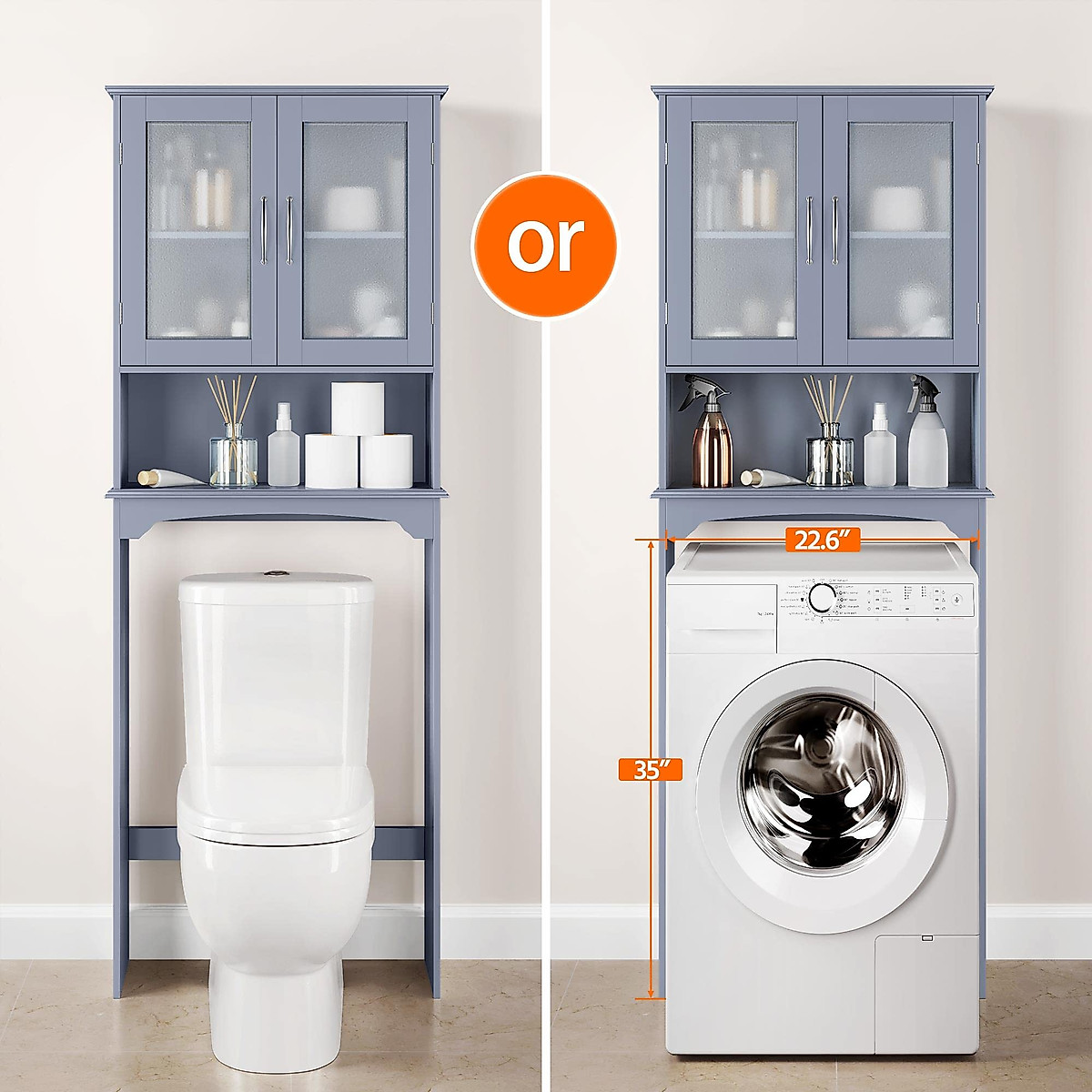 Yaheetech Over The Toilet Storage Cabinet, Free Standing Toilet Rack with Adjustable Shelves and Tempered Glass Doors for Bathroom Washroom, Grey