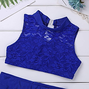 inlzdz Kids Girls 2PCS Tankini Sleeveless Racer Back Top with Booty Shorts Gymnastic Leotard Dancewear Sports Outfit Blue Turtleneck Lace 14