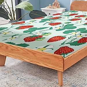 Girls Strawberry Sheets Set Queen Size 4 Pcs Cute Cartoon Fruit Green Kawaii Bedding Set for Kids Teens Bed 1 Fitted Sheet with 1 Flat & 2 Pillowcases