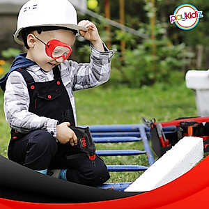 Playkidz Tool Box for Kids 22-Piece Boys & Girls Construction Toy Playset w/Carry Chest, Working Push Button Power Drill, Hammer, Screwdriver, Wrench, Pliers, Saw & Other Realistic Tools Ages 3+