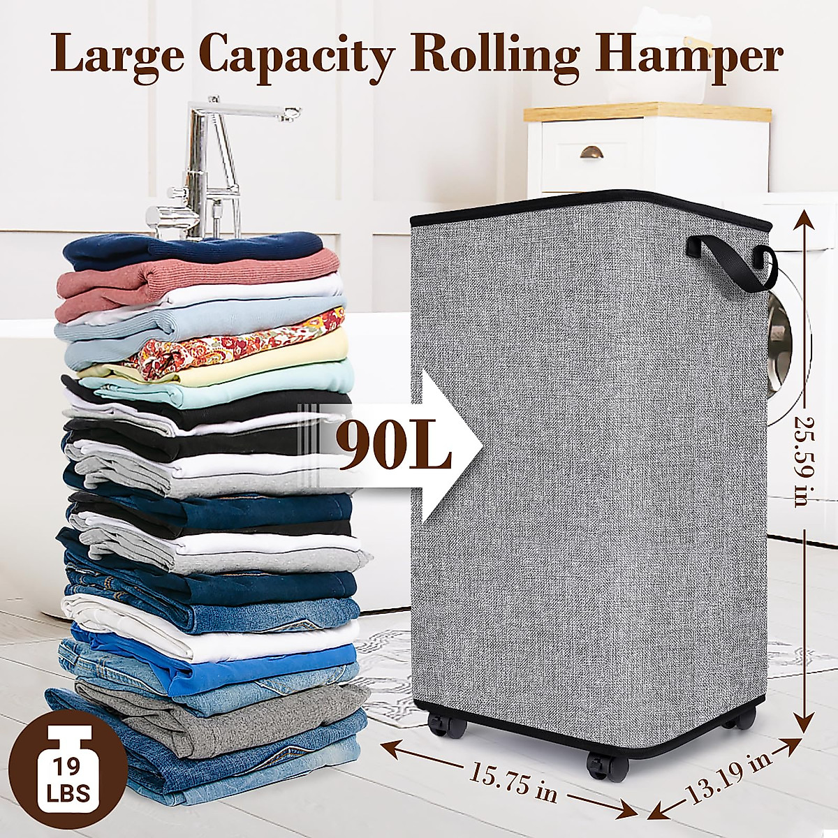 PHESWISOM 90L Large Rolling Laundry Hamper, Laundry Basket with Wheels and Handle for Storage, Dirty Clothes Hamper for Laundry, Tall Laundry Basket, Collapsible Laundry Hamper for Bathroom Dorm, Grey