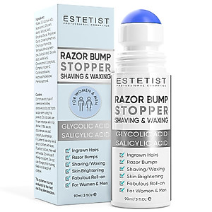Razor Bump Stopper Solution for Ingrown Hair Skin Care Treatment for Face, Neck, Bikini Area, Legs and Underarm Area After Shave Serum Roll-On for Men and Women With Salicylic Acid, Glycolic Acid