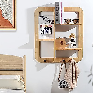 Proman Products Fiji Wall Mounted Bamboo Floating Shelves, Book Shelves, Storage Shelves Organizer with Hooks Clothes Hat Bag for Living Room, Bathroom, EntryWay (Natural)