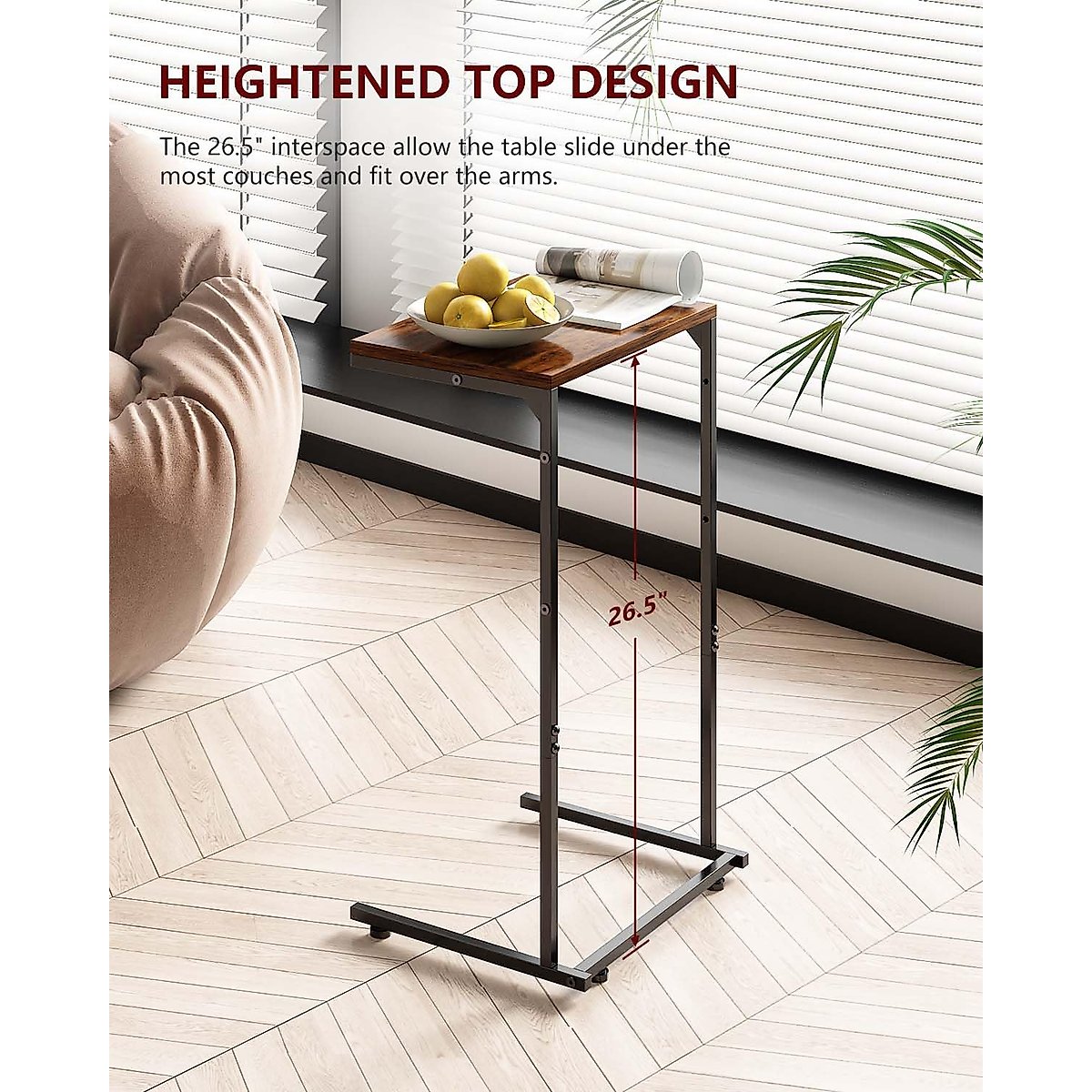 Evermagin C Shaped End Table with Charging Station, Small Side Table for Recliner, Over Couch Table with Outlet and Storage Bag, Slide Under Sofa Tray Table for Living Room, Bedroom, Rustic Brown