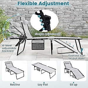 Goplus Chaise Lounge Chair Outdoor, Extra Large Folding 5-Postion Beach Lounge Chair with Detachable Pillow, Side Pocket, Sunbathing Lounge Chair, Adjustable Tanning Chair for Patio Lawn Pool Yard