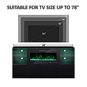 Amerlife 68" TV Stand with 40" Electric Fireplace, Modern High Gloss Media Entertainment Center with LED Lights for TVs up to 78", TV Console Cabinet with Glass Shelves Lower Storage, Black