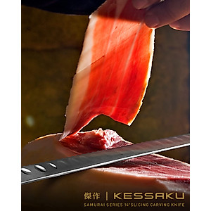 KESSAKU 14-Inch Slicing Carving Knife - Samurai Series - Serrated Granton Edge - Forged High Carbon 7Cr17MoV Stainless Steel - Pakkawood Handle with Blade Guard
