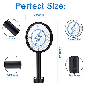 Lanpuly Electric Fly Swatter, 4000V Mosquito Killer, USB Rechargeable Fly Swatter Racket with Base, Powerful Grid, 3 Layers Mesh Safety Protect Safe to Touch