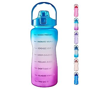 EYQ Half Gallon/64 oz Water Bottle with Time Marker, Carry Strap and Motivational Quote, Leak-Proof Tritan BPA-Free, Ensure You Drink Enough Water for Fitness, Gym, Camp, Sports(Green/Purple Gradient)