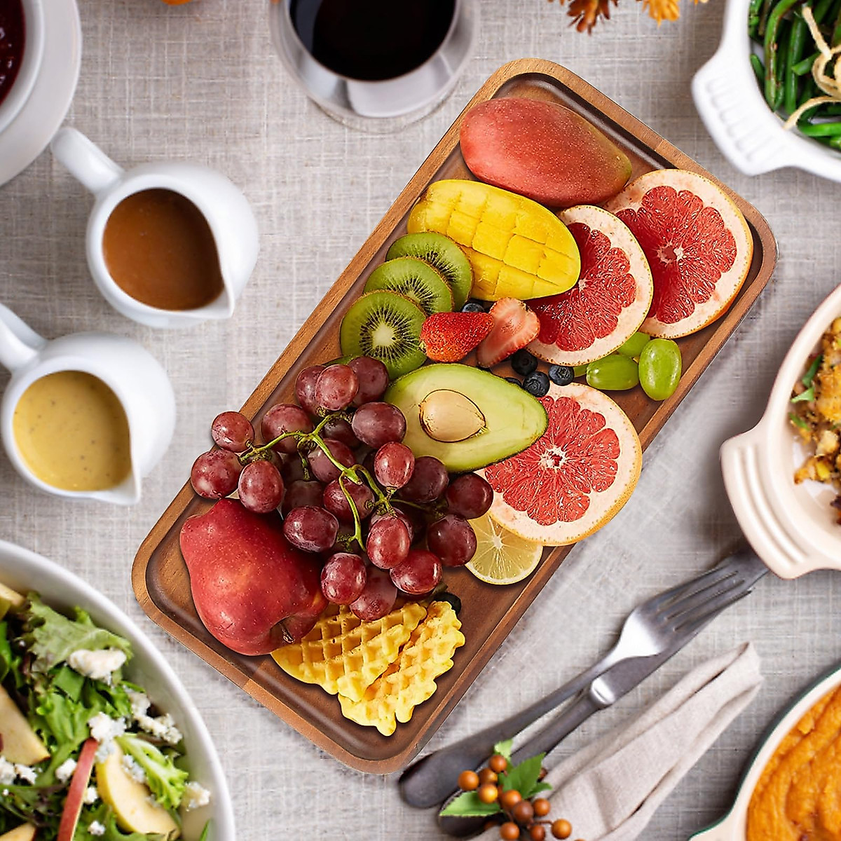 Wooden Serving Platters Acacia Long Charcuterie Boards Rectangle Wood Tray Home Decor Serving Cheese Board Appetizer Snack Plates Kitchen Dinner Platter for Food Dish Rectangular Cake Dessert Trays