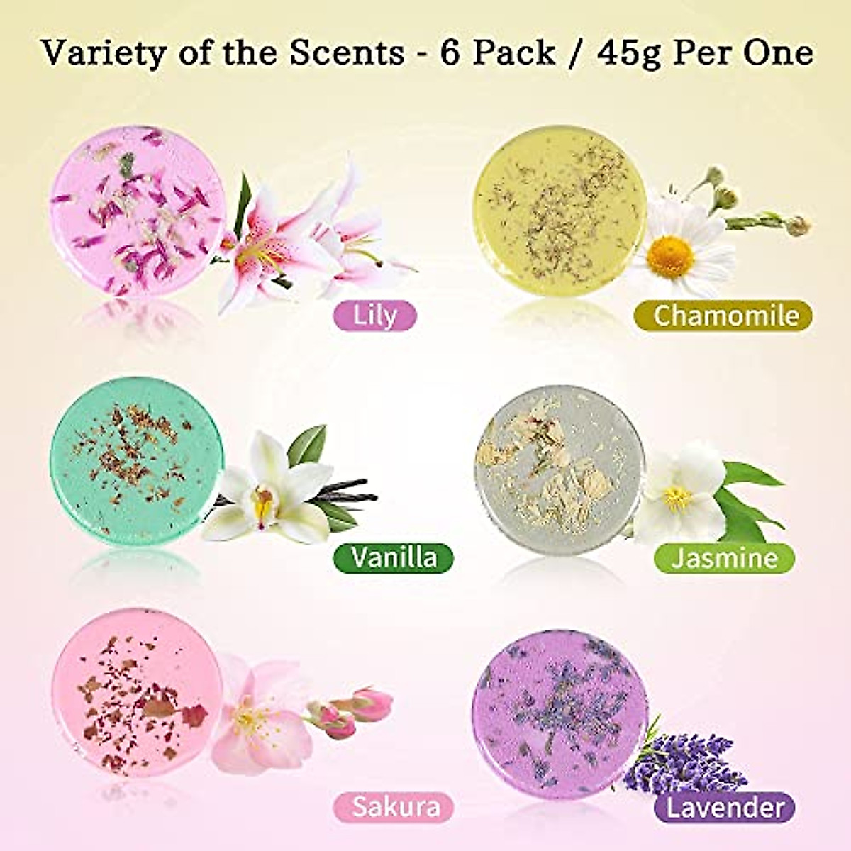 Shower Steamers Aromatherapy Pack of 6 with Essential Oil, Chamomile, Vanilla, Lavender, Sakura, Lily, Jasmine