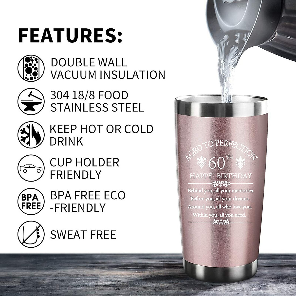 COFOZA 1963 Inspiration 60th Birthday Gift for Man Woman 20 Ounce Double Wall Insulted Rose Gold Stainless Steel Tumbler 60 Years Old Birthday Anniversary Present