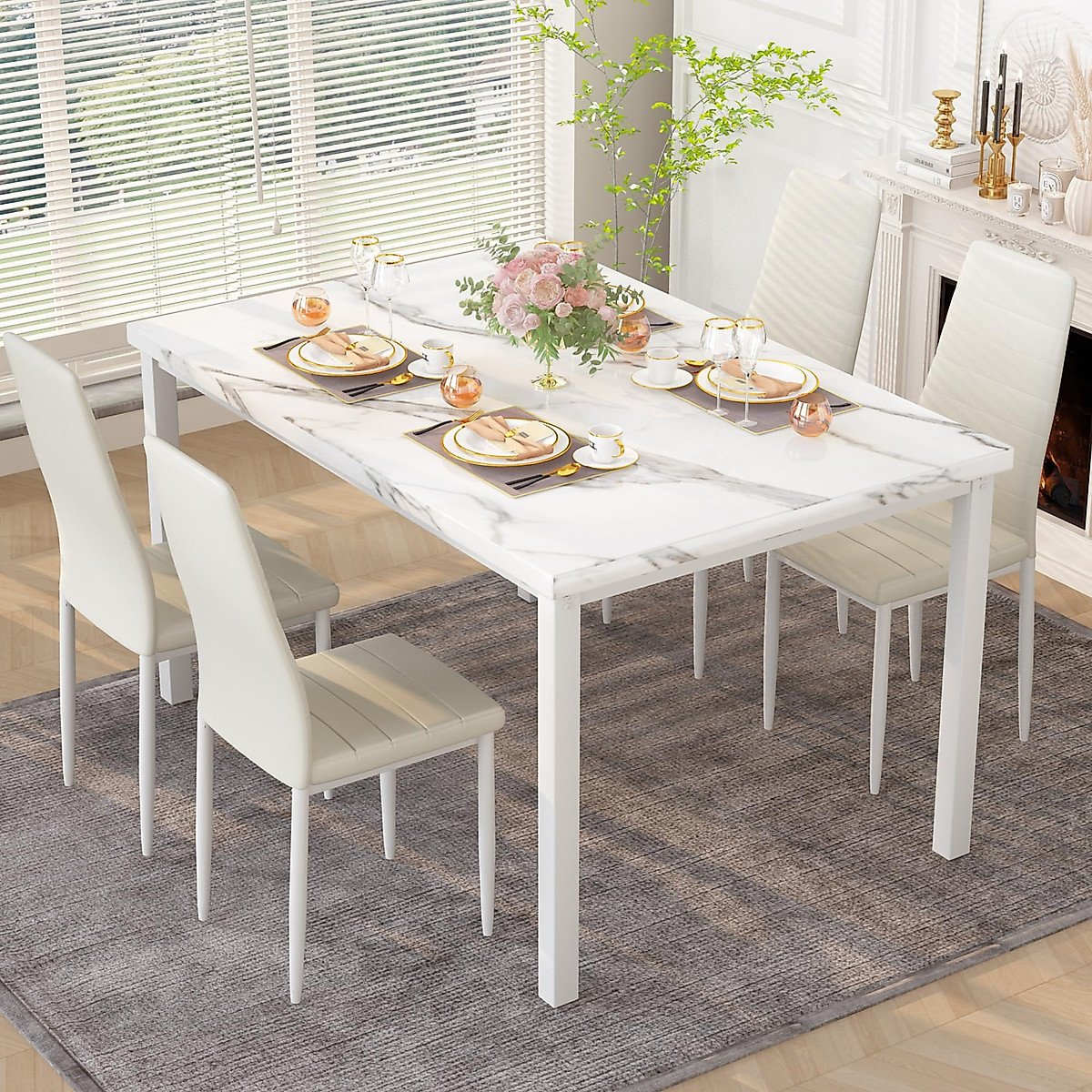 DKLGG Dining Table Set for 4, 5 Piece Kitchen Table Set with PU Leather Chairs Space-Saving Faux Marble Dining Room Table Set for 4 for Small Home Kitchen, Apartment