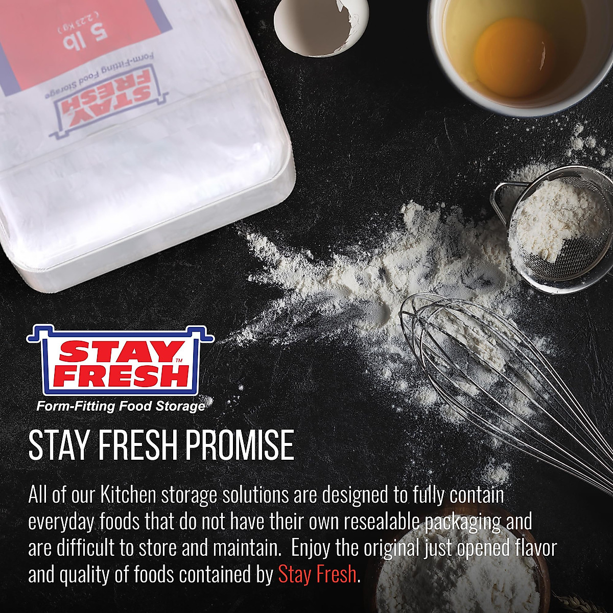 Stay Fresh Clear Flour Storage Container - Plastic Flour Canister for Kitchen Pantry, Baking Needs - Holds 5LB Bag of Flour - Large Form-Fitting Food Keeper Bin - Flour Holder