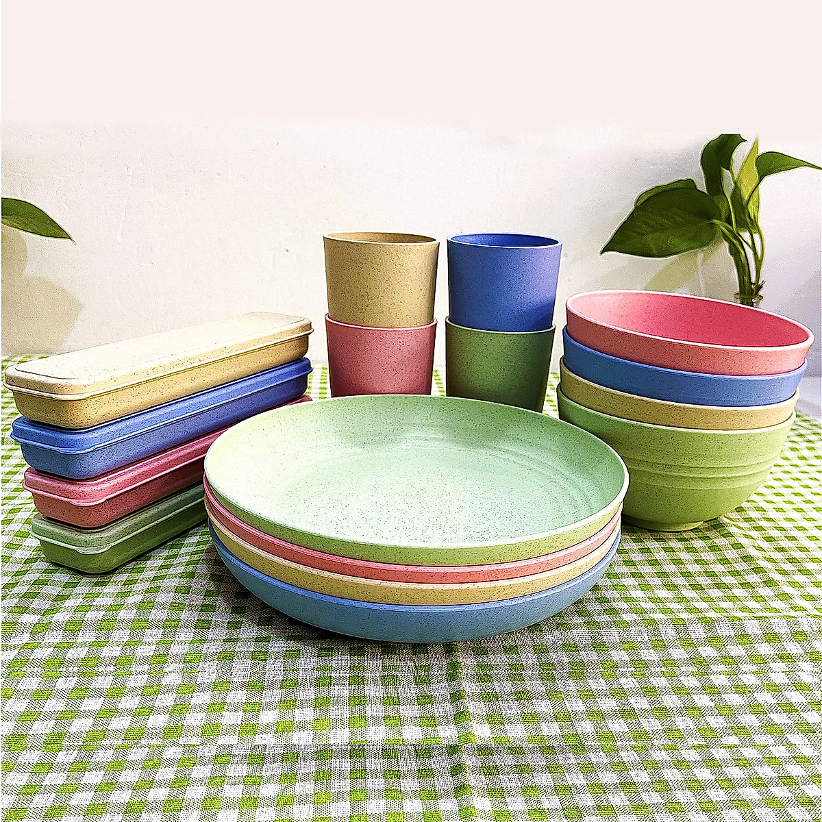 Lebikol Wheat Straw Dinnerware Sets,28pcs Plastic Unbreakable Outdoor Picnic Dishware,Reusable Kids Lightweight Bowls,Plates,and Cups Sets,Dishwasher and Microwave Safe,Camping,RV,Dorm Dinner Sets