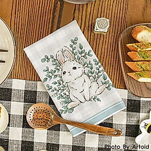 Artoid Mode Buffalo Plaid Rabbit Bunny Eucalyptus Leaves Easter Kitchen Towels Dish Towels, 18x26 Inch Seasonal Spring Holiday Decoration Hand Towels Set of 2