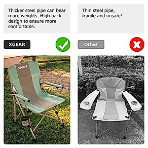 XGEAR Camping Chair with Padded Hard Armrest, Sturdy Folding Camp Chair with Cup Holder, Storage Pockets Carry Bag Included, Support to 400 lbs (1-Green)
